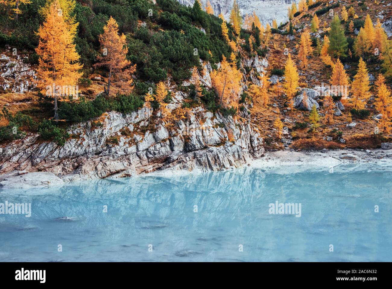 Autumn day in the majestic mountains. Yellow colored trees on the rocks ...