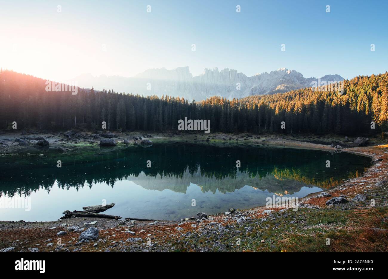 No people, only pure beauty of nature. Autumn landscape with clear lake ...