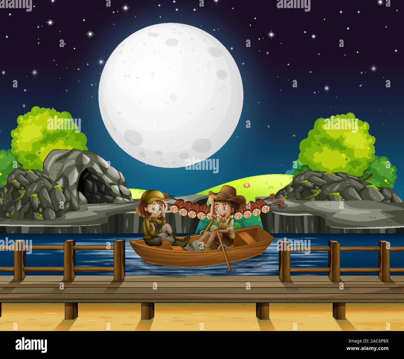 Scene background design with people rowing boat at night illustration ...