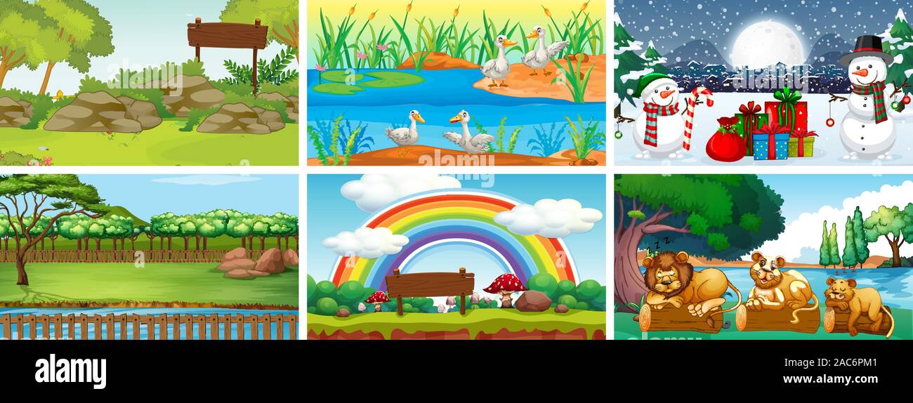 Set of scenes with animals at different seasons illustration Stock ...