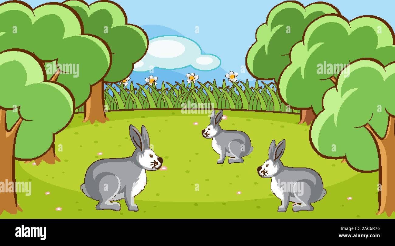 Scene with gray bunnies in forest illustration Stock Vector Image & Art ...