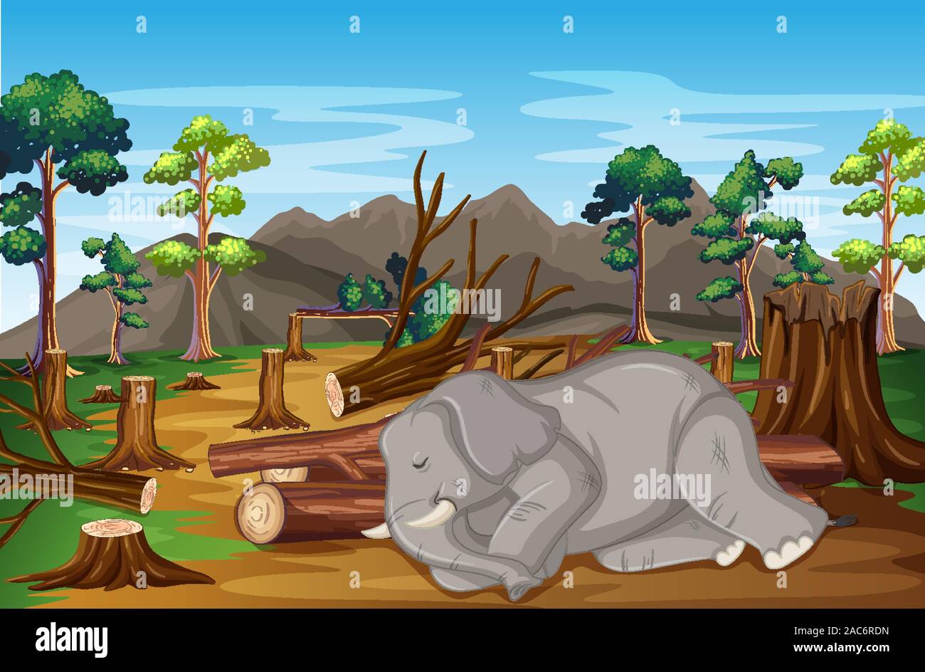 Scene with sick elephant and deforestation illustration Stock Vector ...