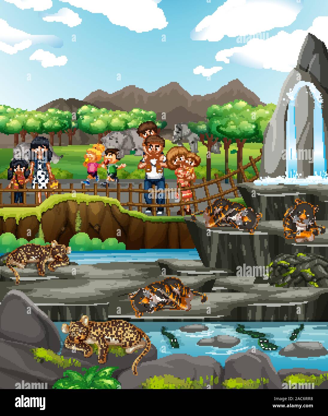 Scene with animals and people at the zoo illustration Stock Vector ...