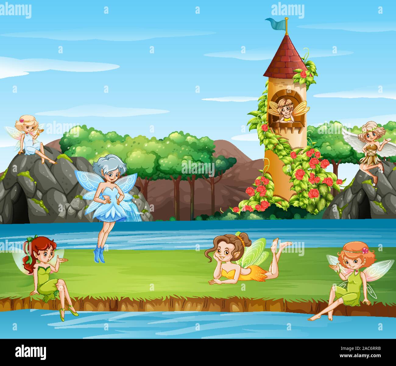 Scene with fairies flying in the garden illustration Stock Vector Image ...