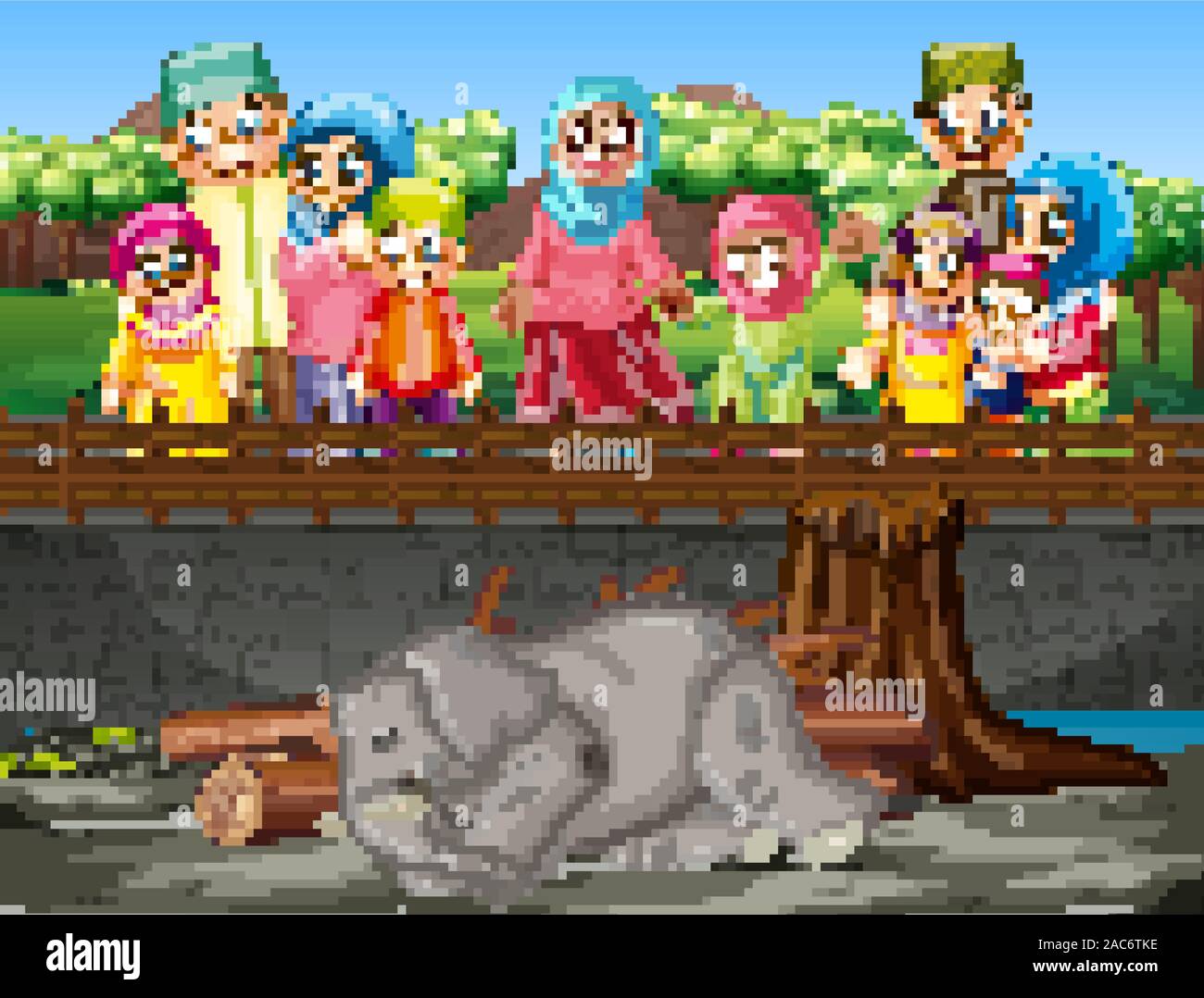 Scene with people and elephant at the zoo illustration Stock Vector ...