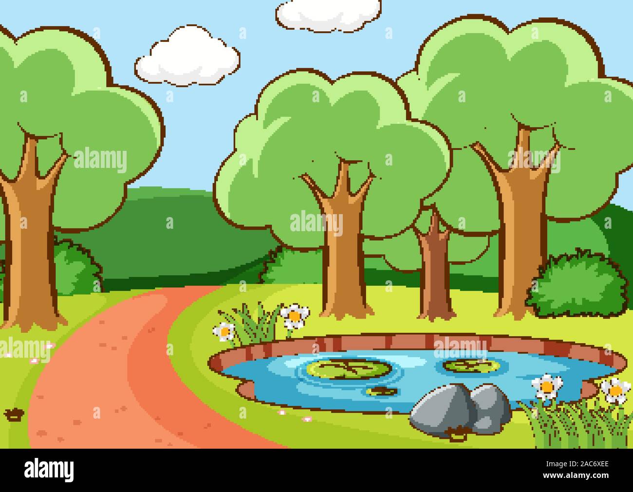 Scene with trees and pond in forest illustration Stock Vector Image ...