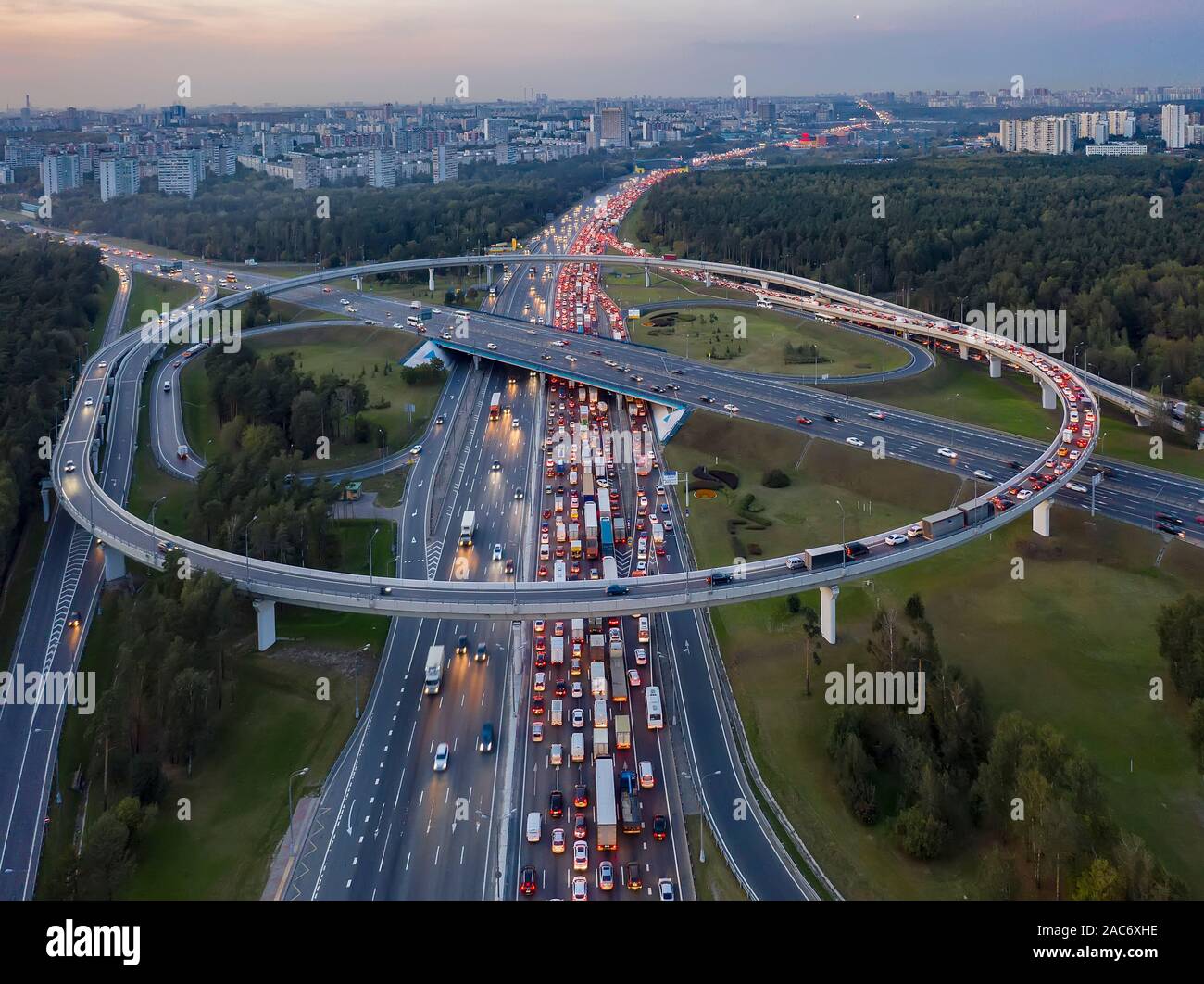 View from the air on the movement of cars on the overpasses at the ...