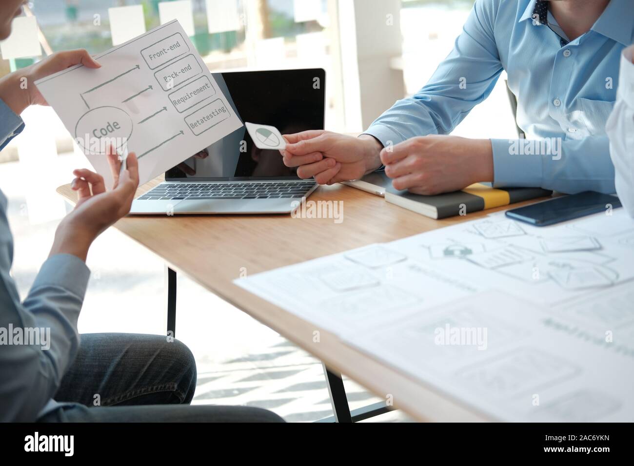 user experience UX designer designing web on smart phone layout. UI planning mobile application ...