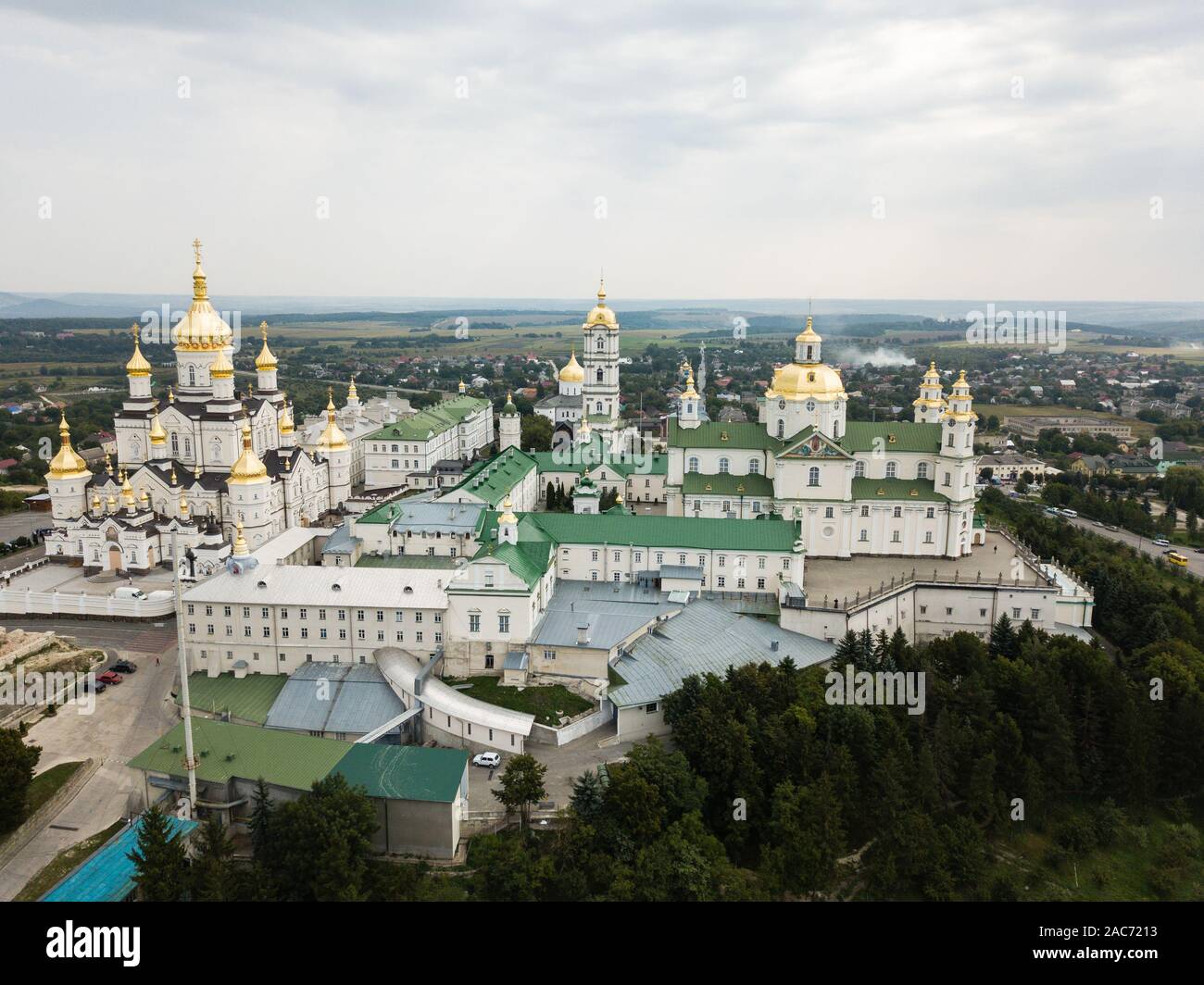 Aerial view to largest Orthodox church complex and monastery - The Dormition Pochayiv Lavra was ...