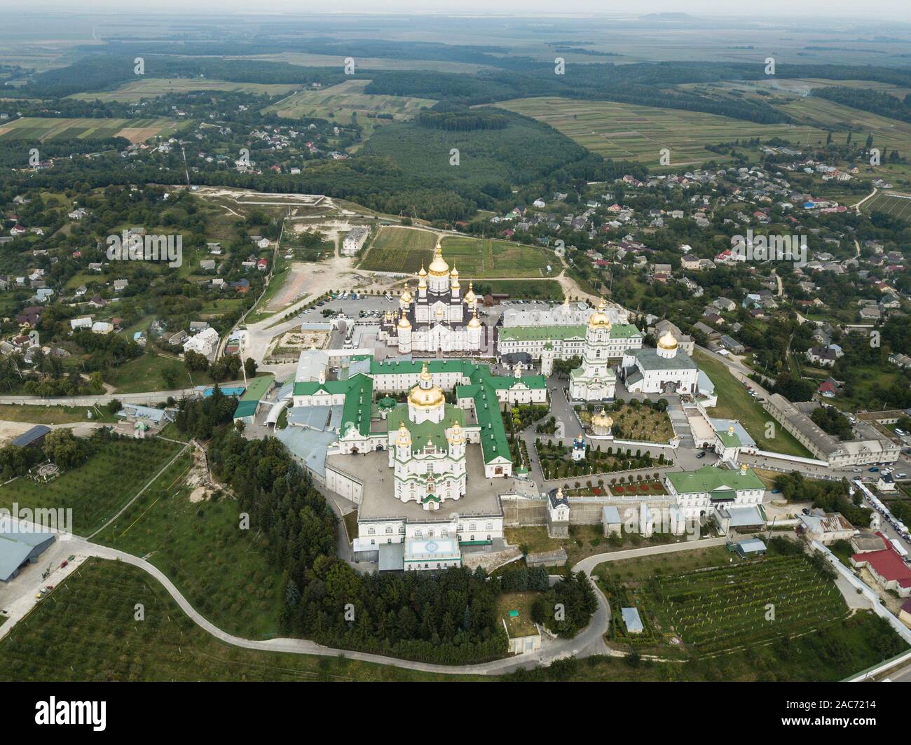 Aerial view to largest Orthodox church complex and monastery - The Dormition Pochayiv Lavra was ...