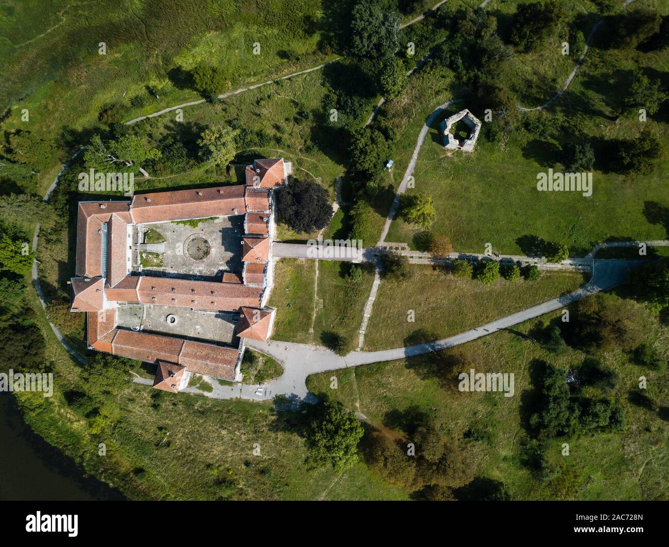 Aerial view to famous ukranian landscape Ruined Svirzh Castle built by ...