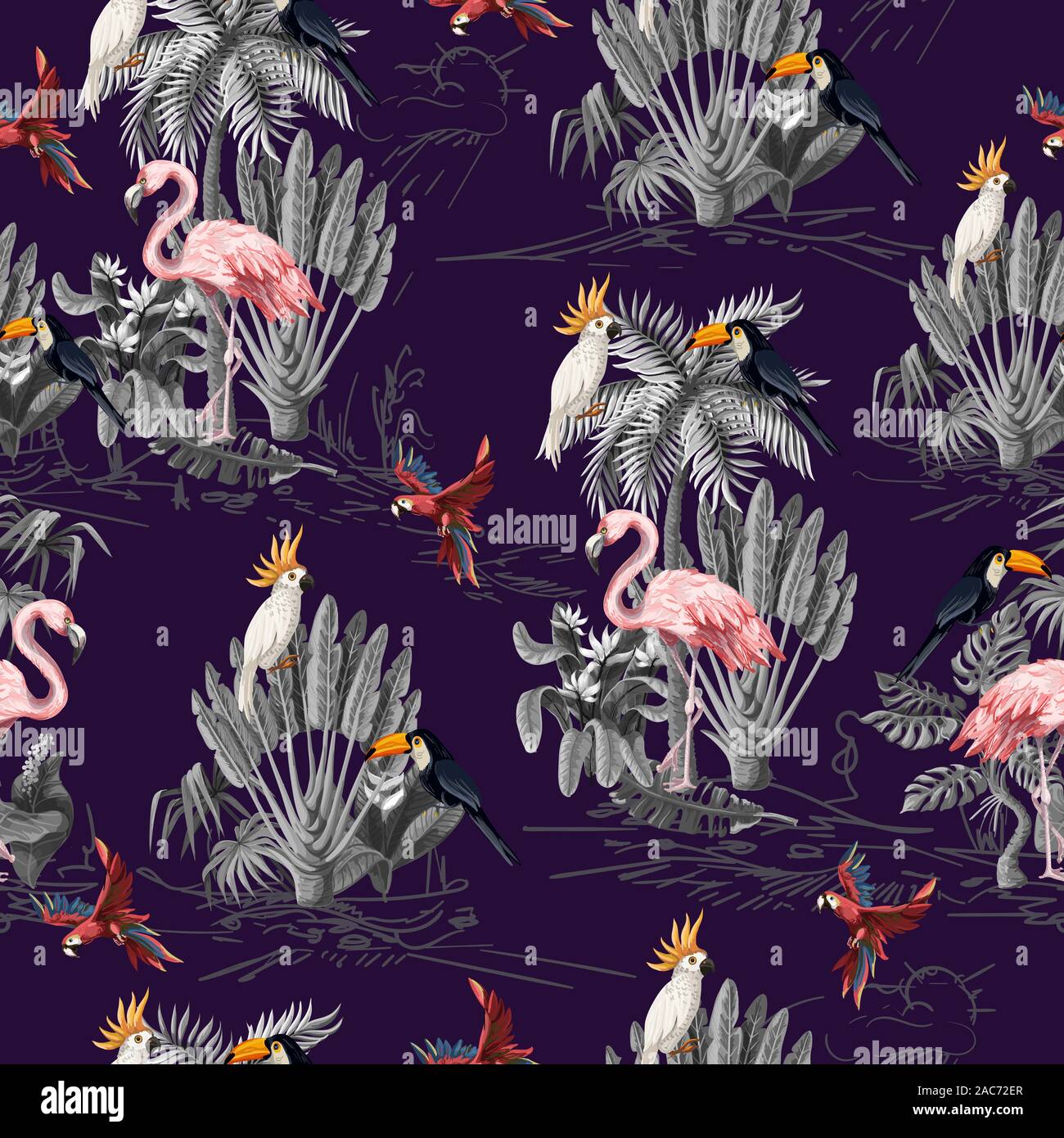 Seamless pattern with jungle animals, flowers and trees. Vector Stock ...