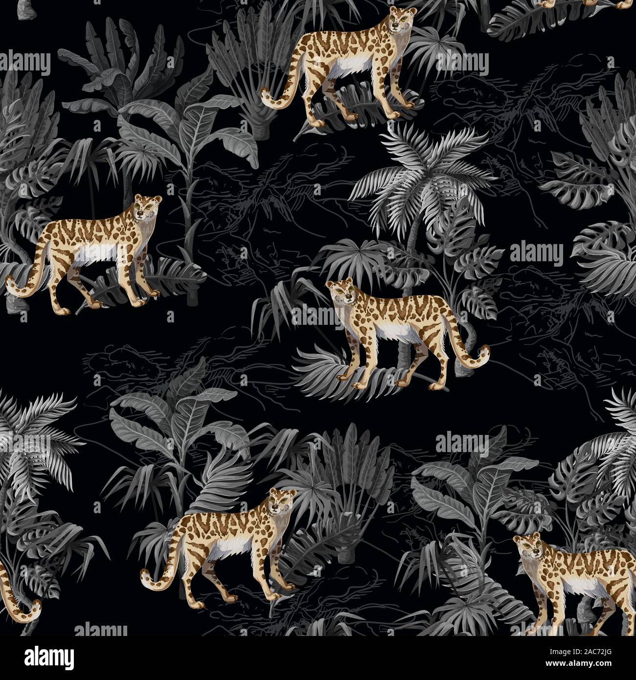 Seamless pattern with leopard and tropical landscape. Vector Stock ...