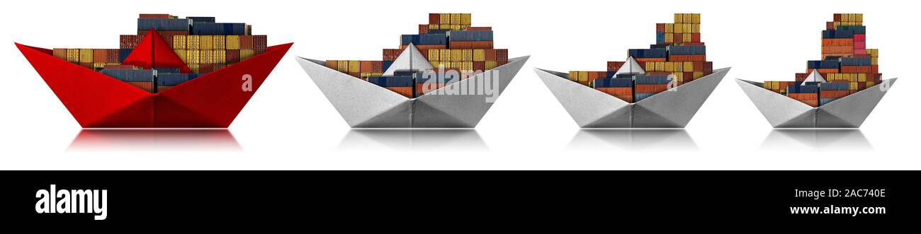 Shipping concept - Paper boats, four cargo container ships isolated on ...