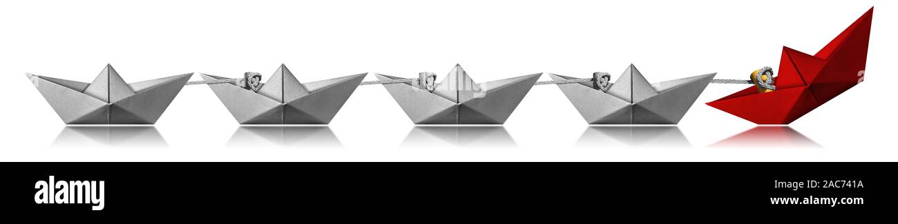 Leadership concept, a red paper boat tows four white boats. Isolated on ...