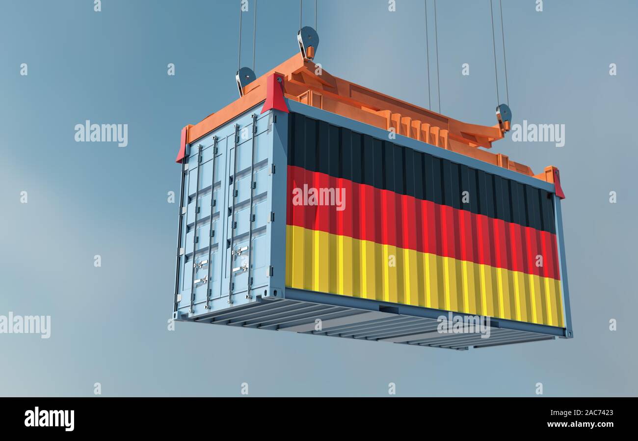 Freight container with German national Flag design hanging on a ...