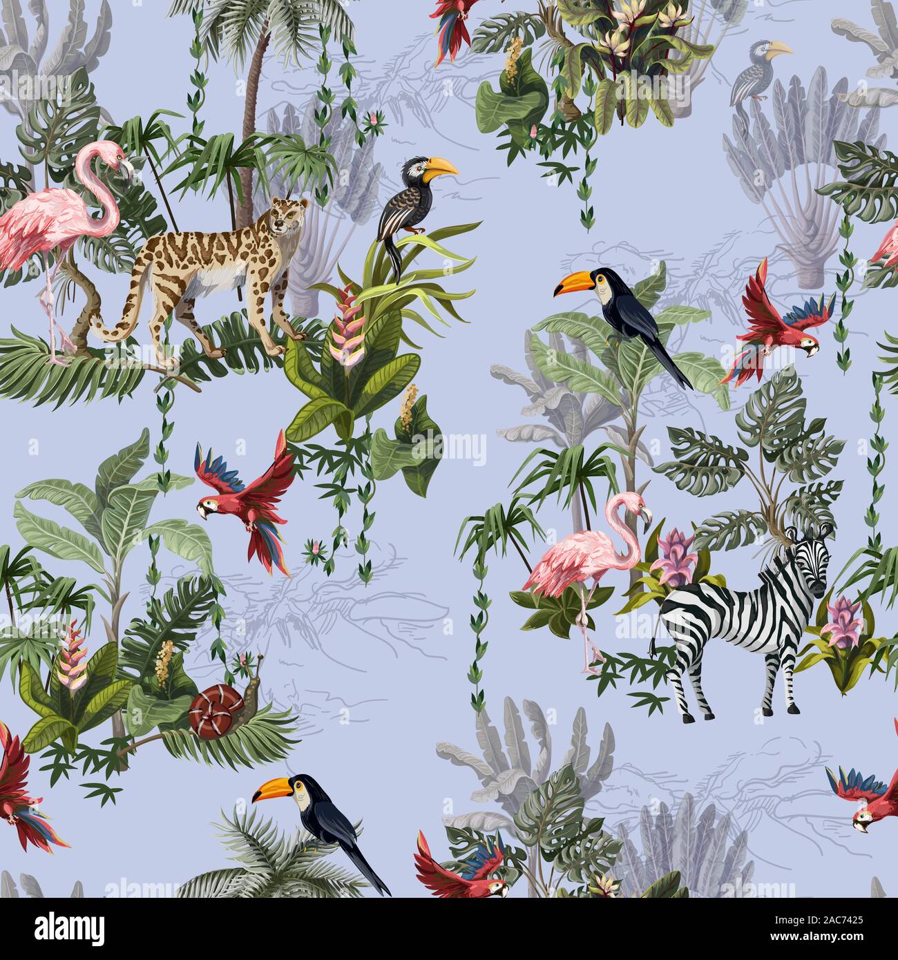 Seamless pattern with jungle animals, flowers and trees. Vector Stock ...