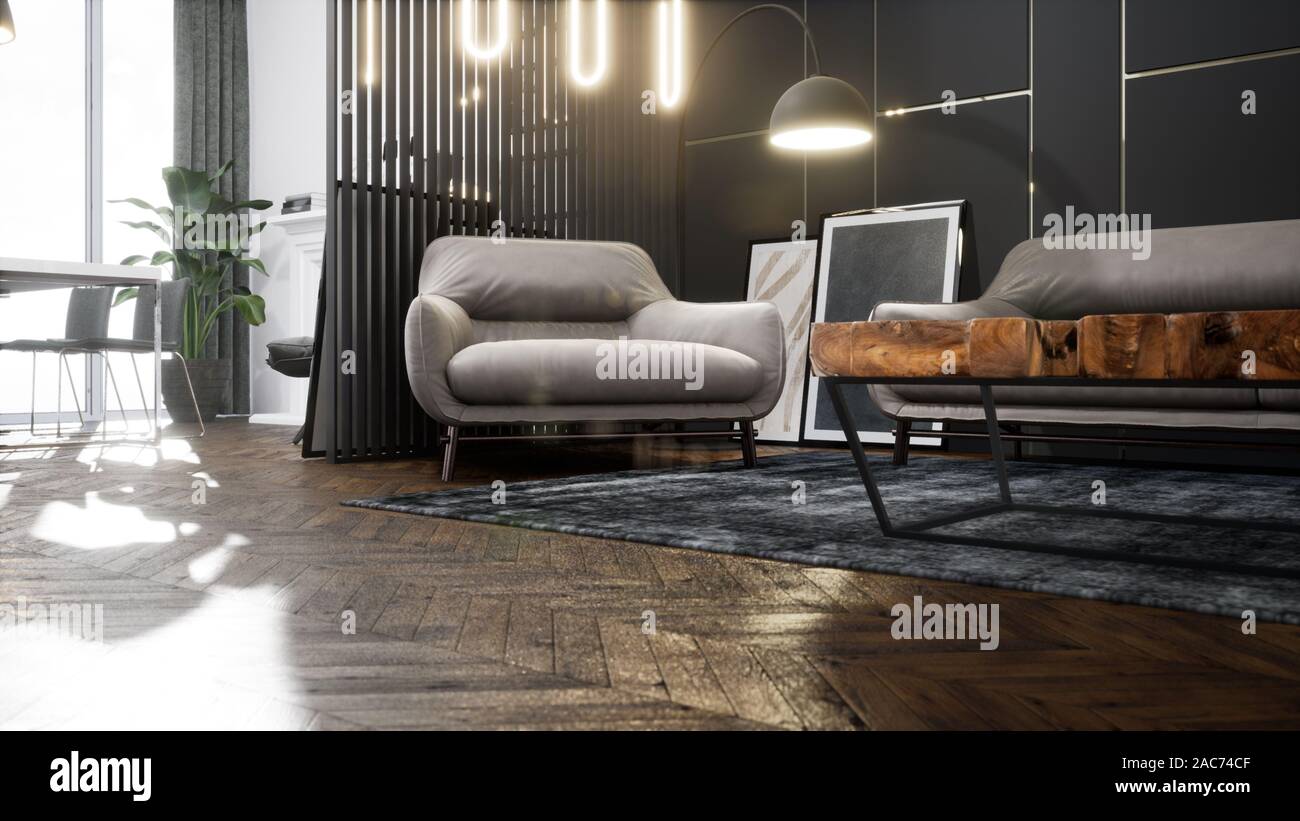 Modern design living room interior with beautiful view . 3D rendering ...