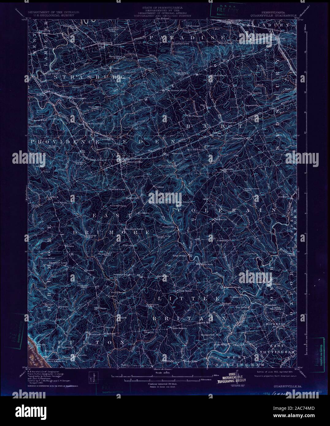 USGS TOPO Map Pennsylvania PA Quarryville 221550 1912 62500 Inverted ...