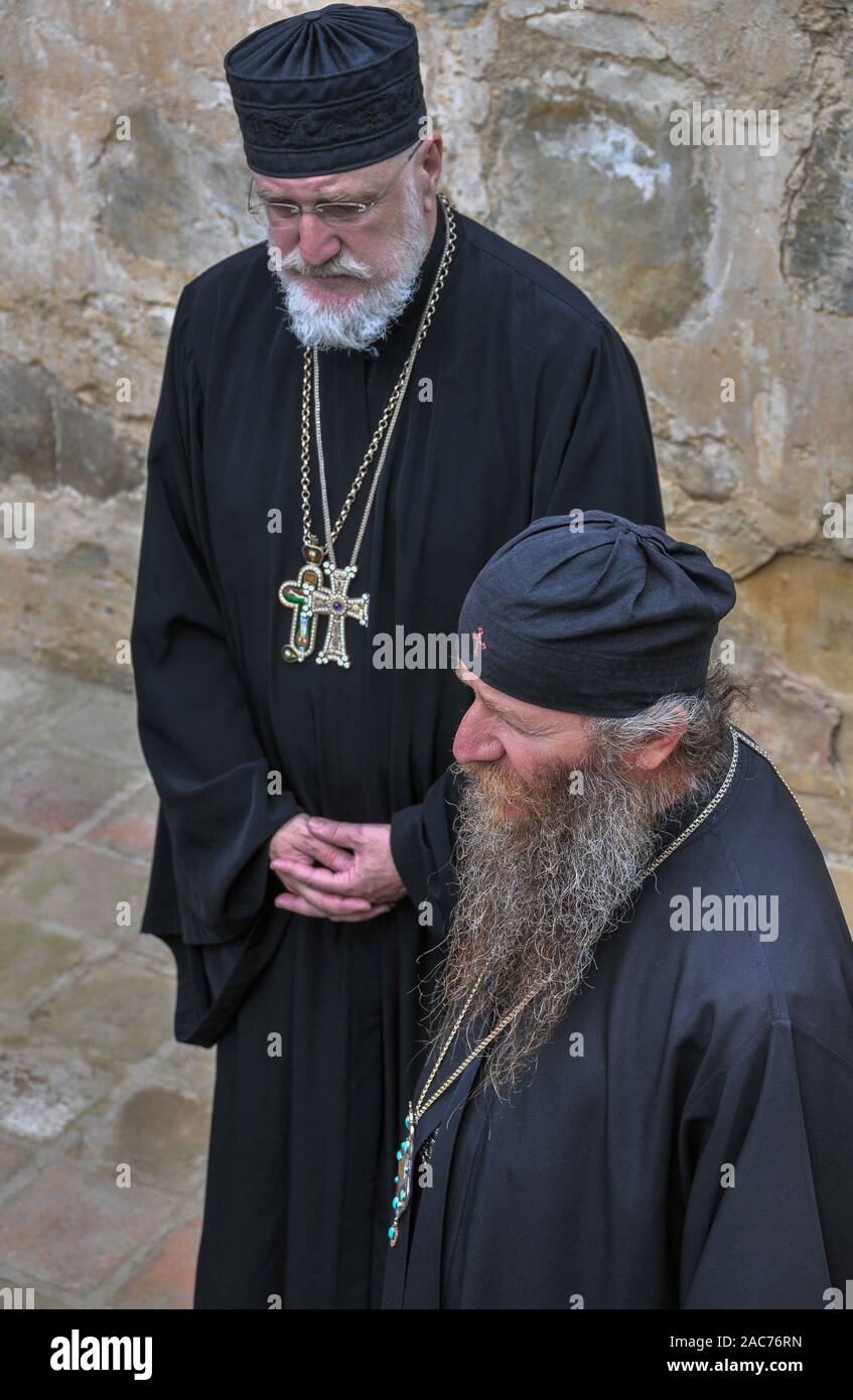 Bischof David of Alaverdi (left) and monk at Ikalto monastery, Telavi ...