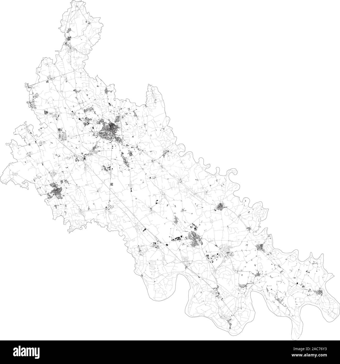Satellite map of province of Lodi, towns and roads, buildings and ...