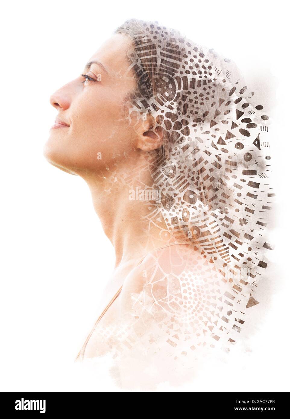 Double exposure. Paintography. Portrait of a beautiful young female ...