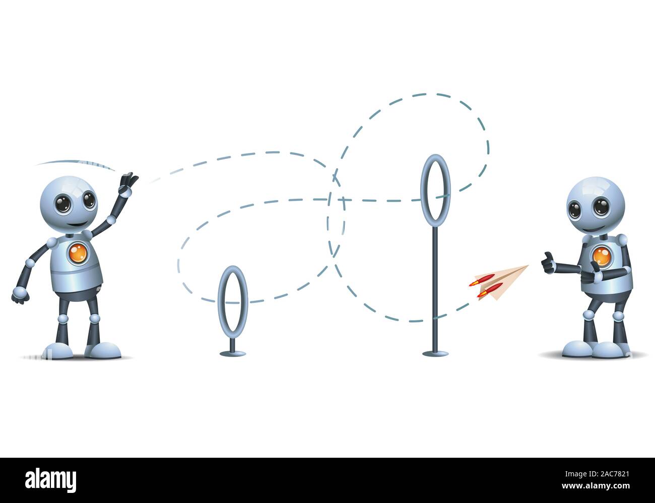 3d illustration of little robot business playing paper plane rocket ...