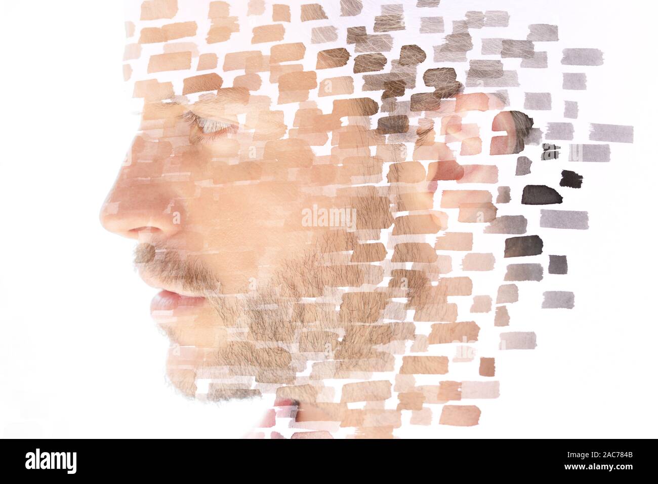 Paintography. Double exposure close up portrait of a serious male model ...