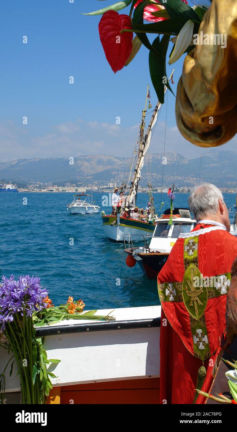 Blessing at sea of St. Peter, patron saint of fishermen in the harbor ...