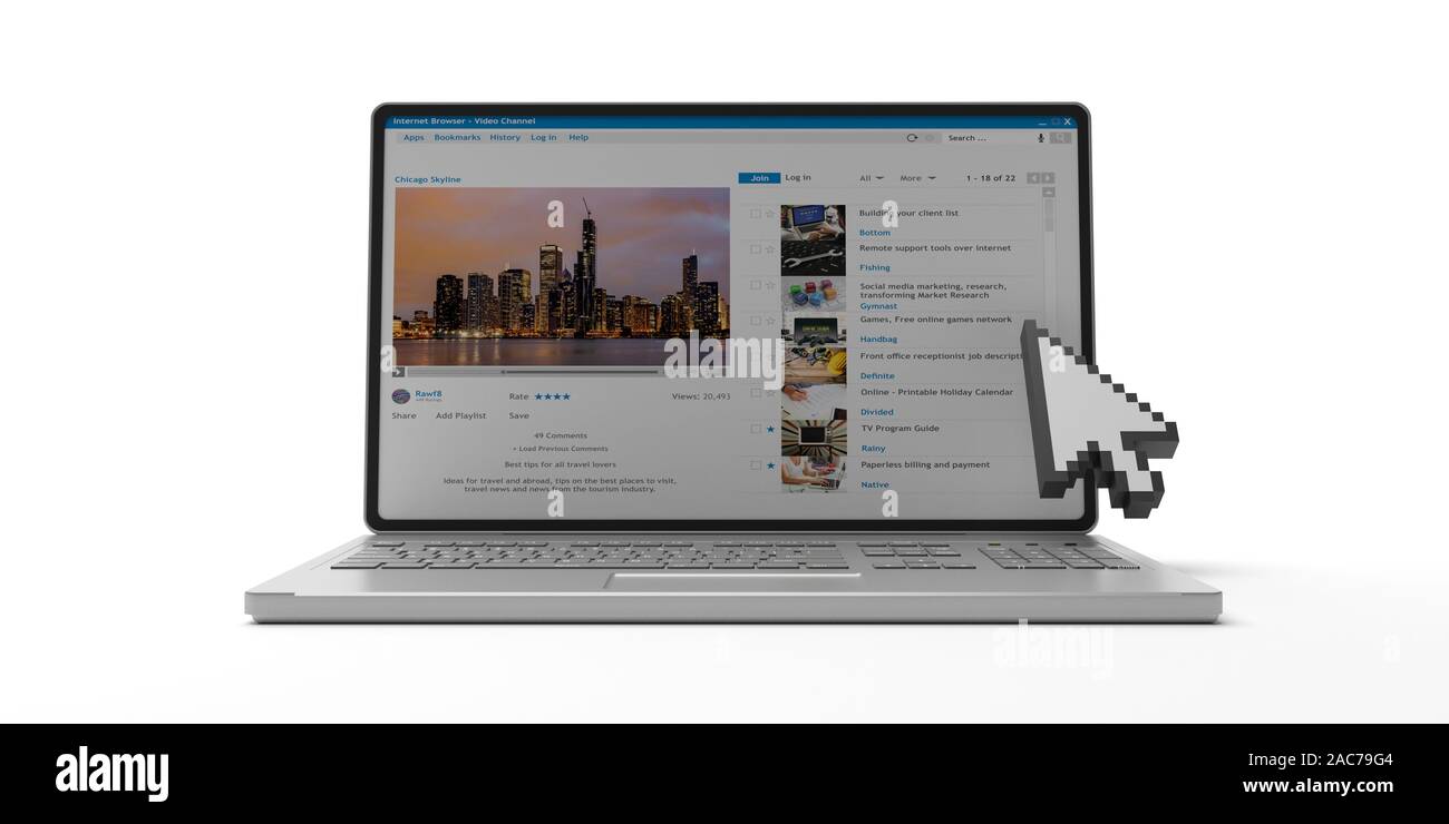 Video channel media movie player and mouse cursor pointer on a computer ...