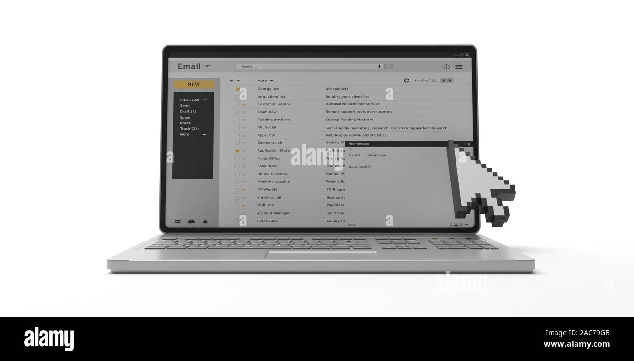 Emails list and mouse cursor pointer on a computer laptop screen ... Emails list and mouse cursor pointer on a computer laptop screen ...