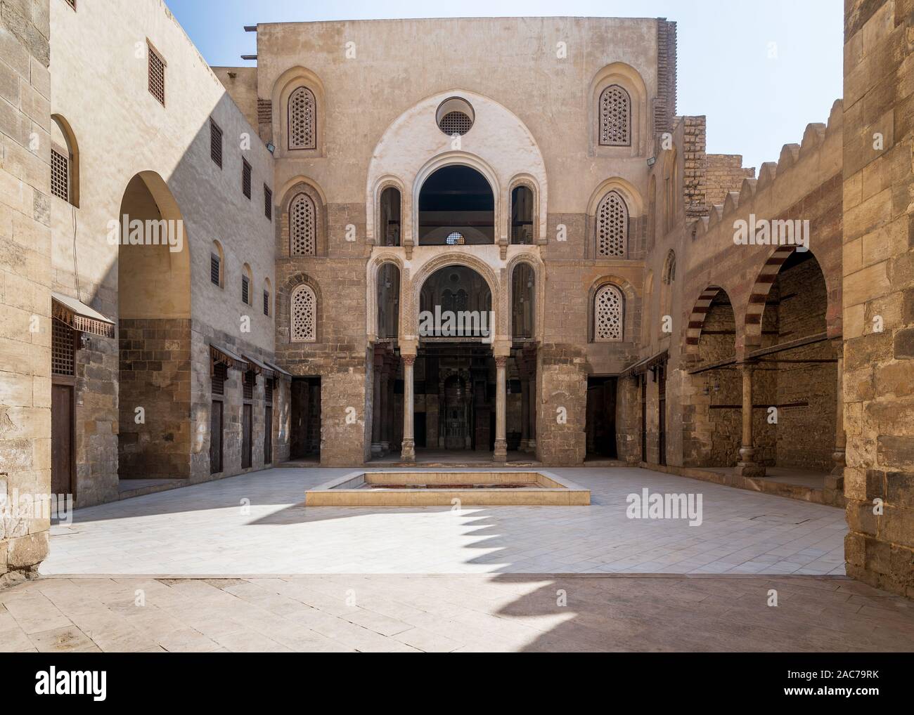 Main Iwan at courtyard of public historic mosque of Sultan Qalawun with ...