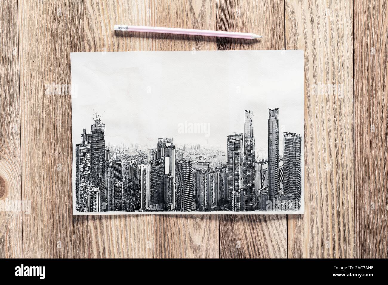 Modern megapolis skyline pencil draw Stock Photo - Alamy