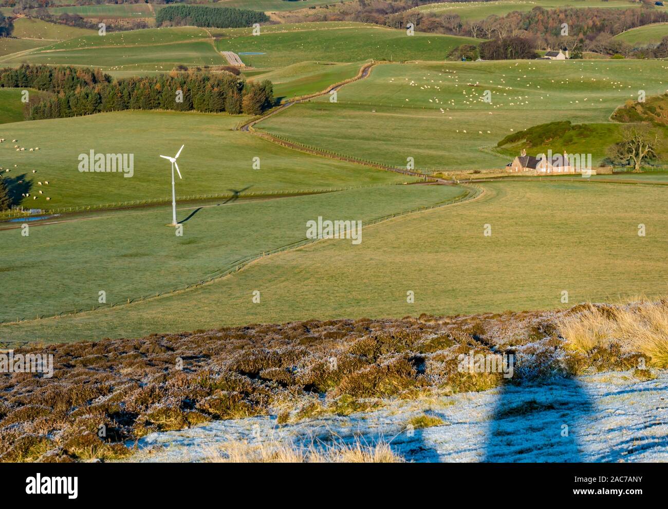 View from hill above farm house and wind turbine, rural landscape, East ...