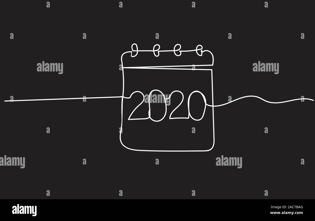 2020 single continuous line art. New Year greeting card headline ...