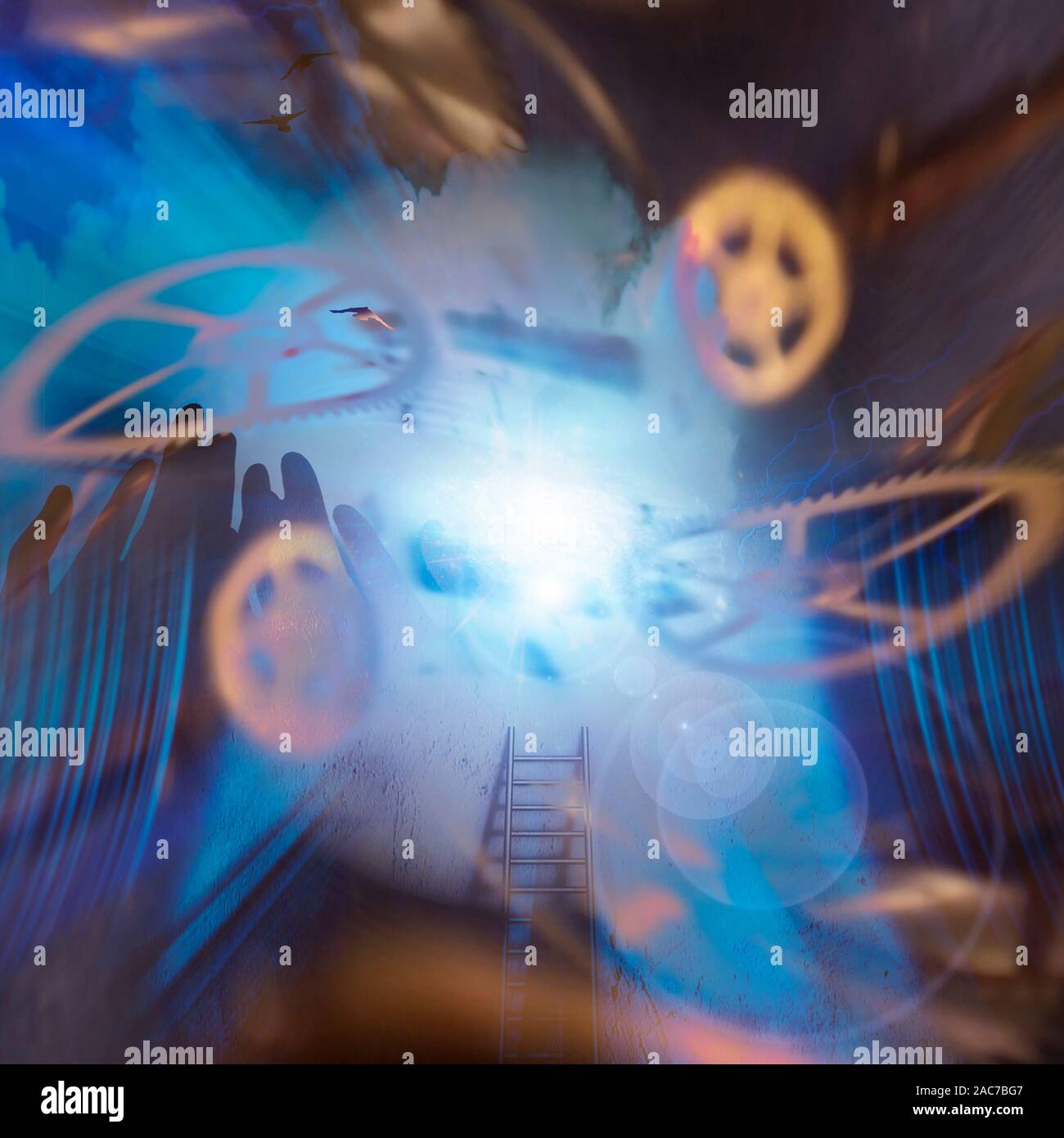 The sense of time. Clock wheels and ladder. Modern surreal art Stock ...