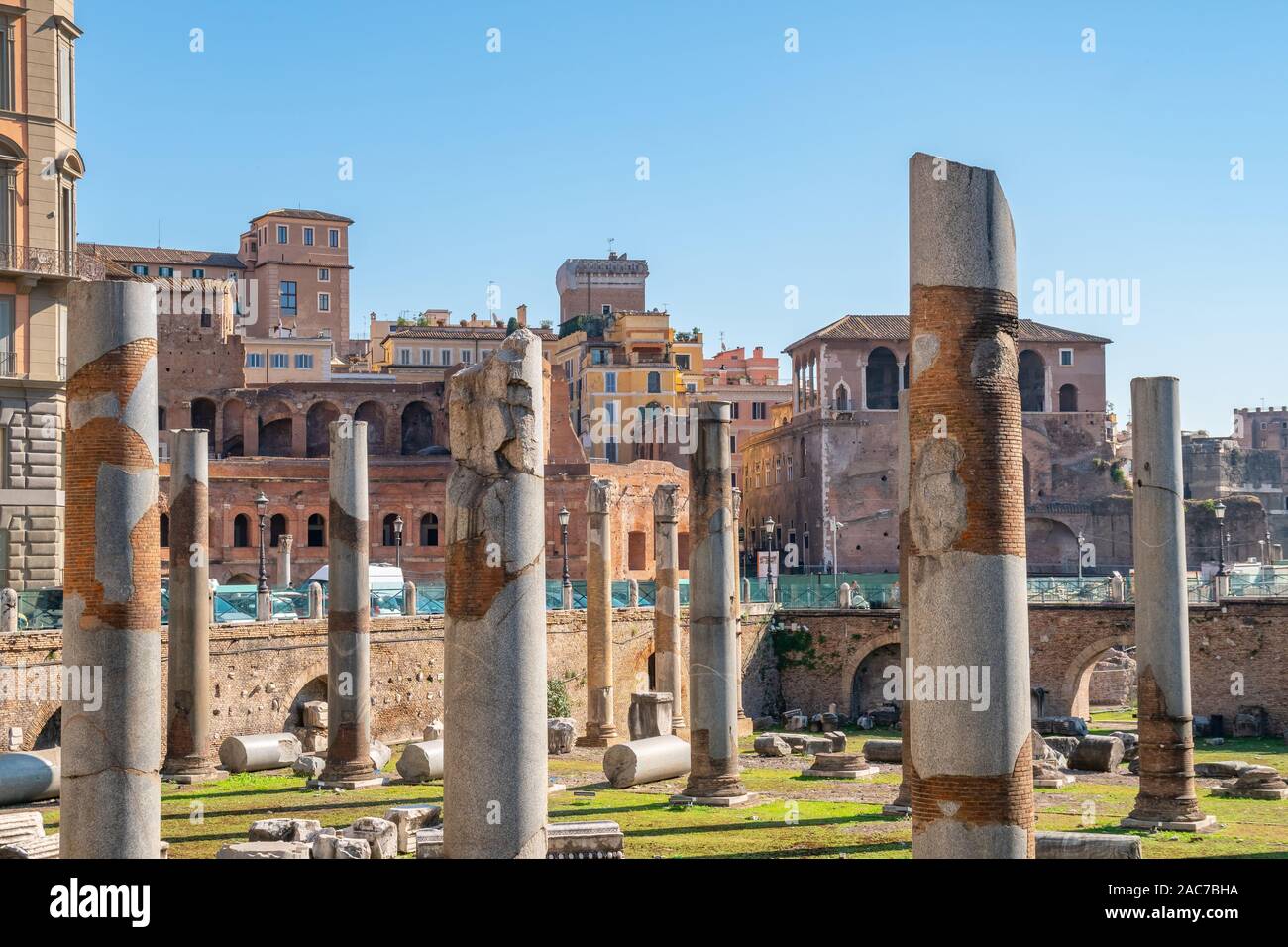 Ancient historical Traian Forum with column ruins in Rome. History ...