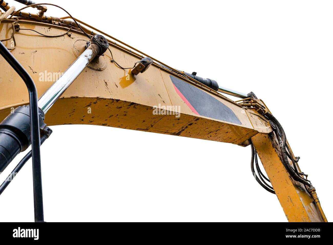 Excavator arm with visible oil cylinders and hydraulic hoses, isolated ...
