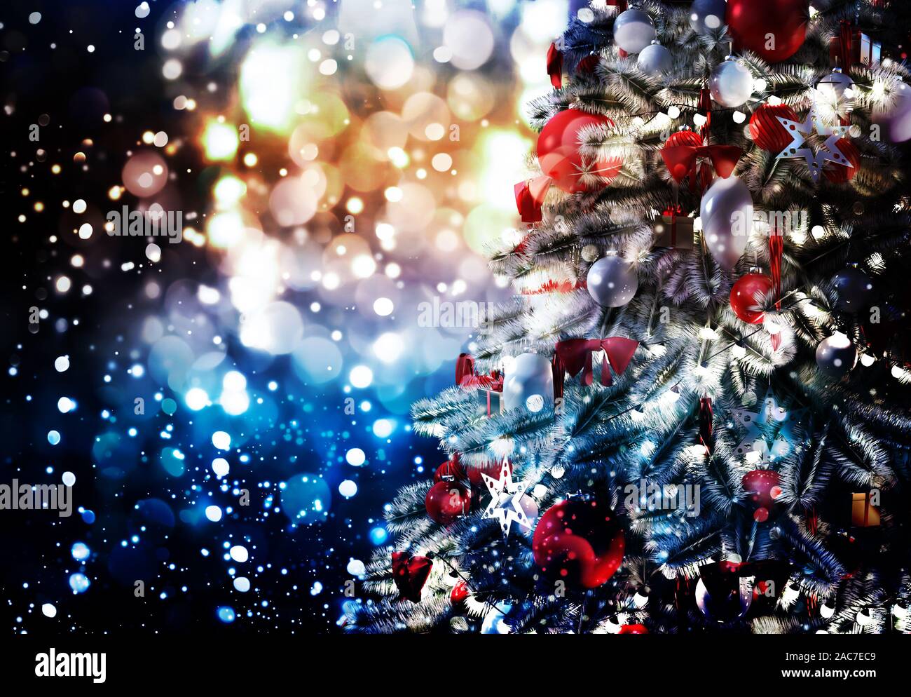 Christmas tree against a glittery luminous background Stock Photo - Alamy