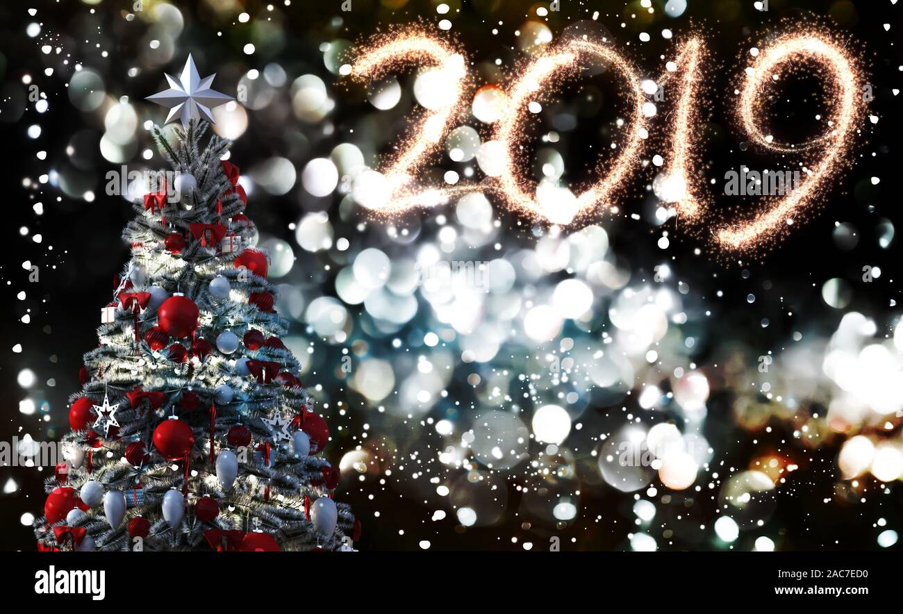 Christmas tree against a glittery luminous background Stock Photo - Alamy