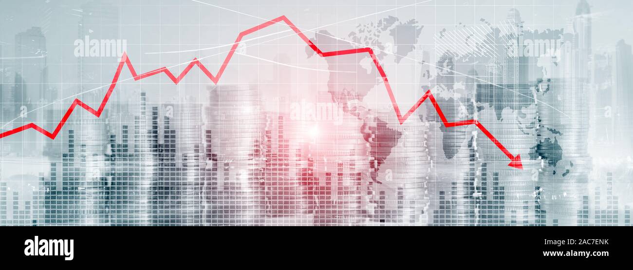 Chart with red down arrow on abstract background. Falling growth in ...