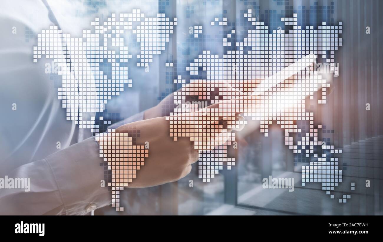 Double exposure world map on skyscraper background. Communication and ...