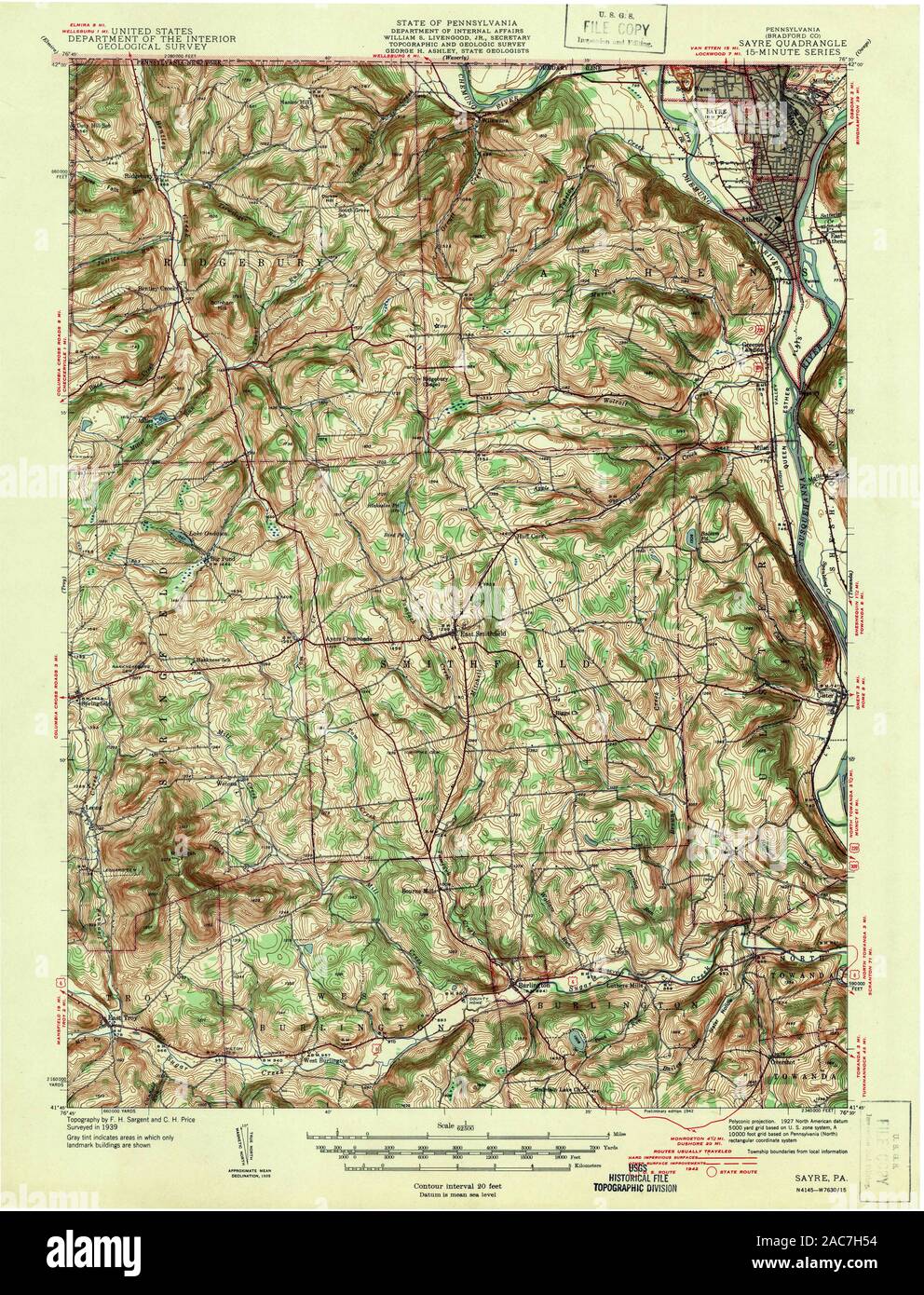 USGS TOPO Map Pennsylvania PA Sayre 221756 1942 62500 Restoration Stock ...