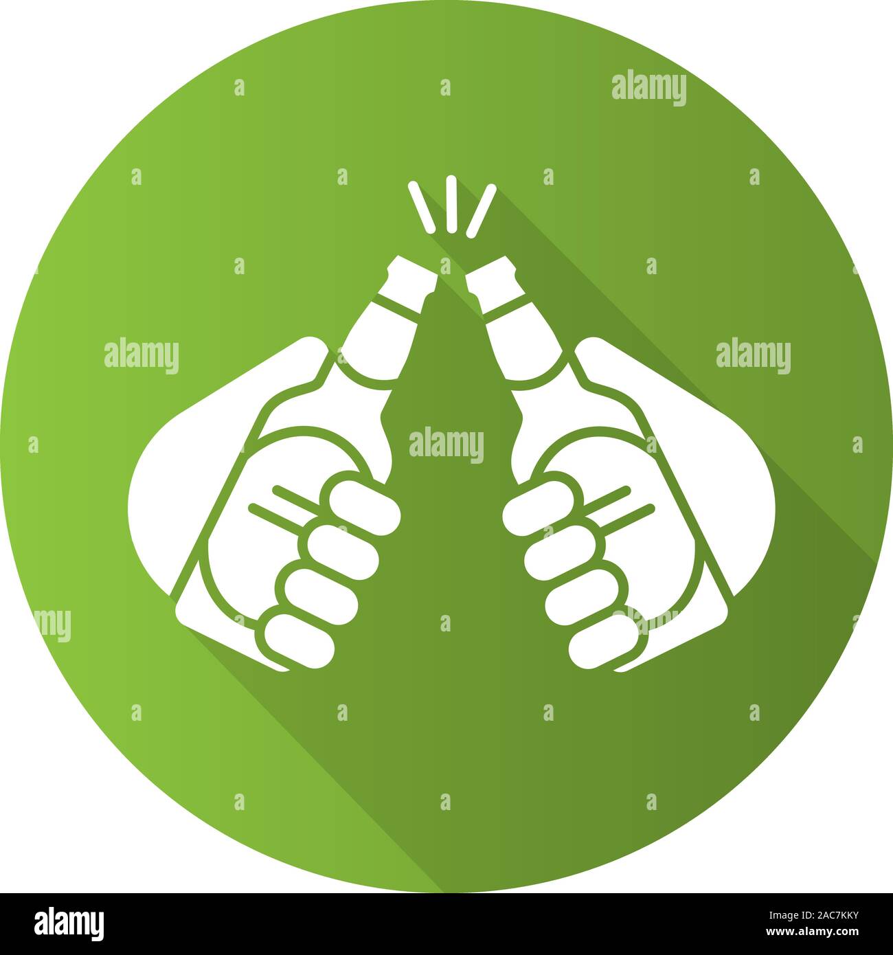 Toasting beer bottles flat design long shadow icon. Cheers. Hands ...