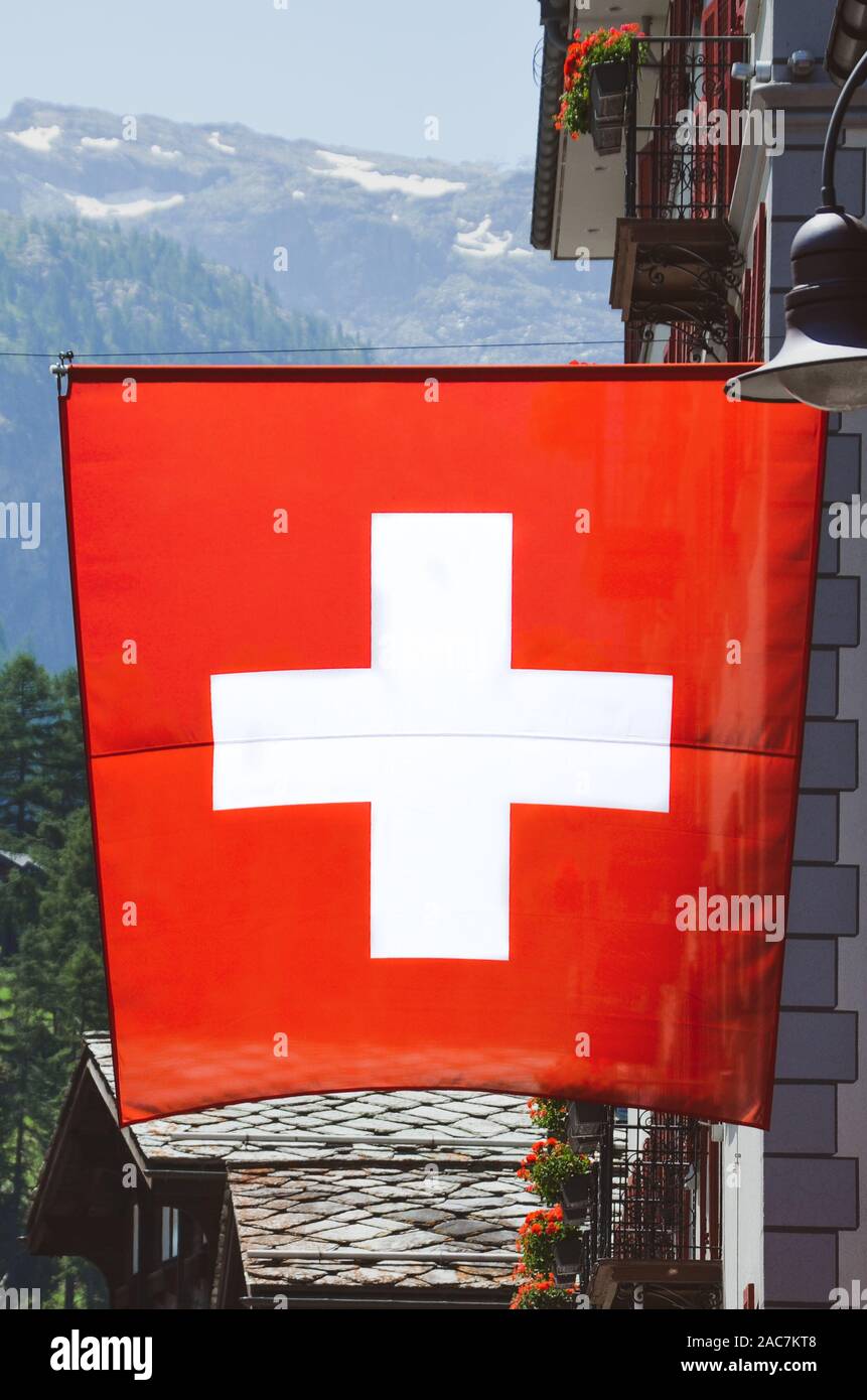 Zermatt, Switzerland - July 10 2019: National flag of Switzerland ...