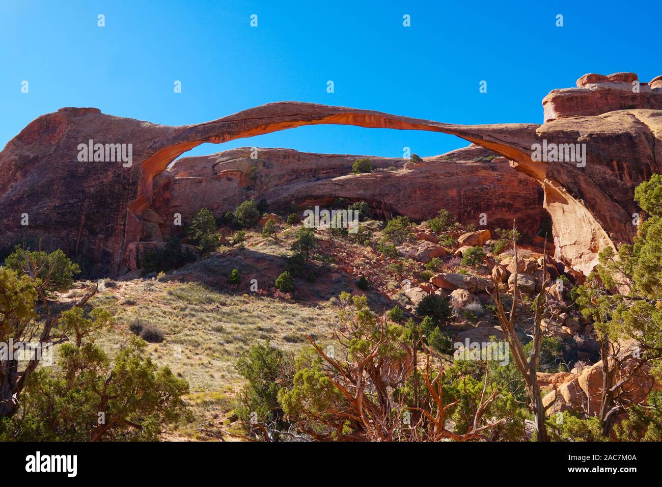 The very long and delicate Landscape Arch in Arches National Park in ...