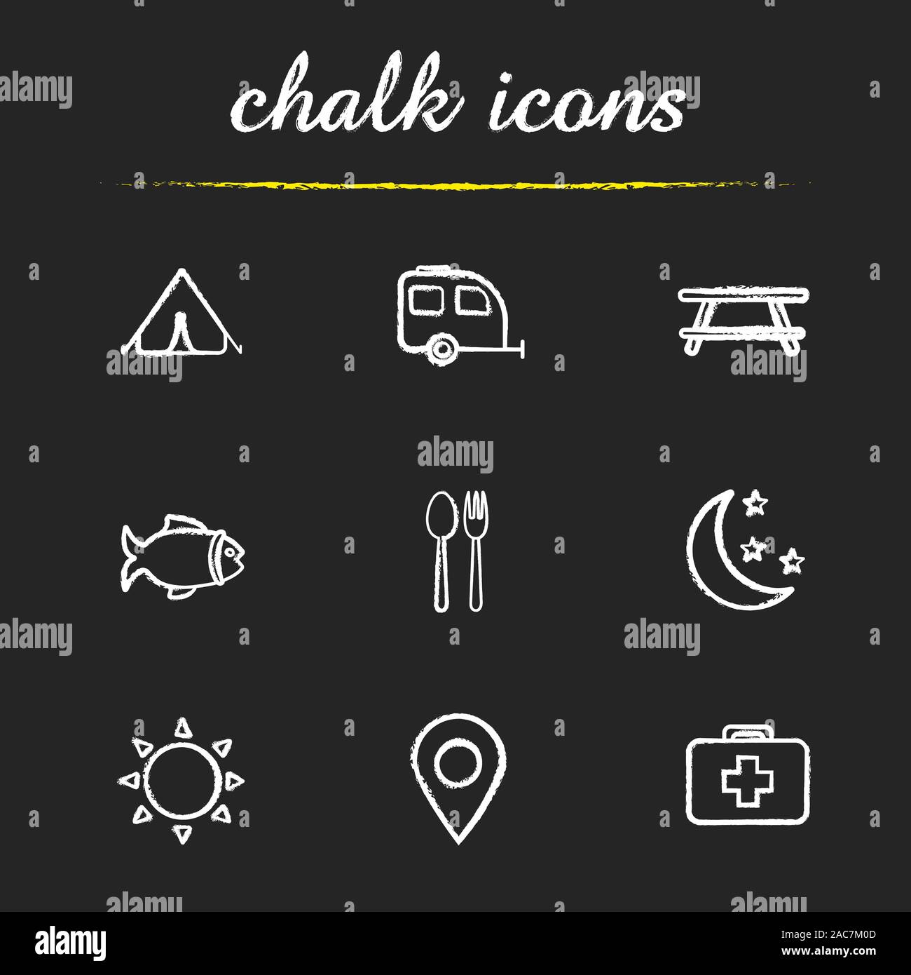 Camping and tourism chalk icons set. Tent, trailer, picnic table, fish ...