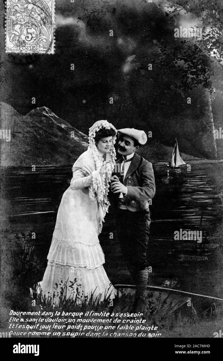 Vintage photograph of a romantic couple in a rowboat, circa 1910 Stock ...