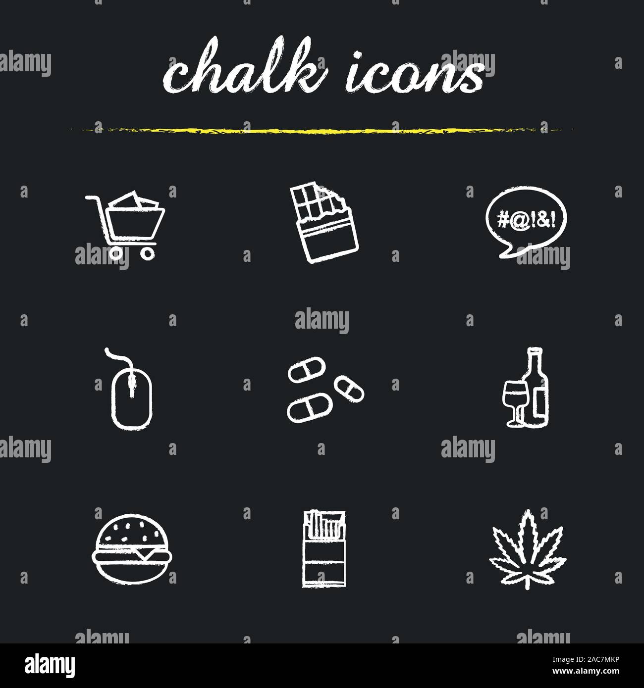 Addictions chalk icons set. Smoking, drugs, food, swearing, shopping ...