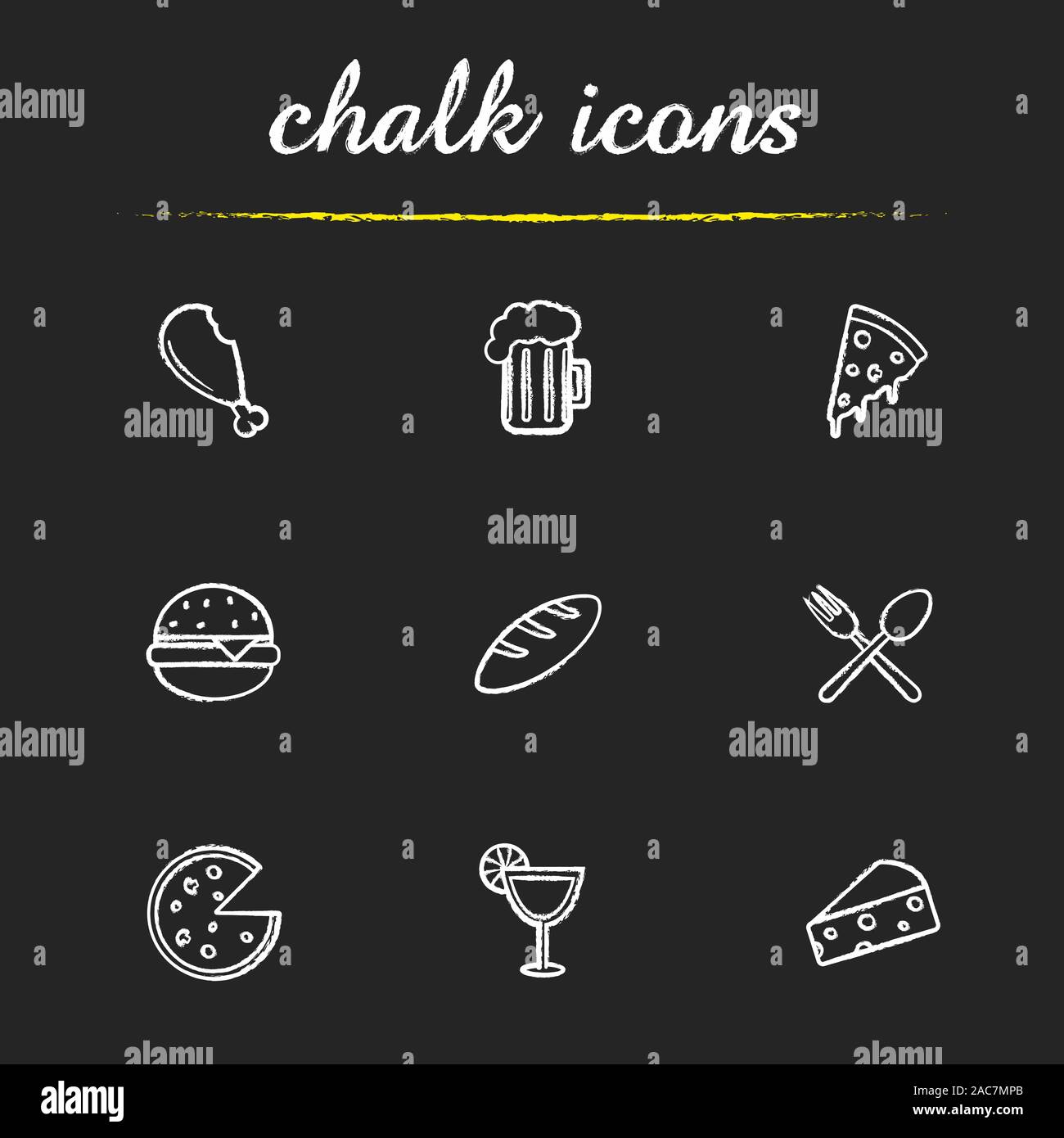 Food and drinks chalk icons set. Chicken leg, foamy beer mug, pizza ...